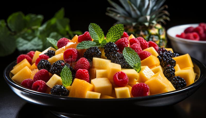Fresh Fruit Salad Raspberry, Pineapple, Blueberry, Melon, Strawberry ...