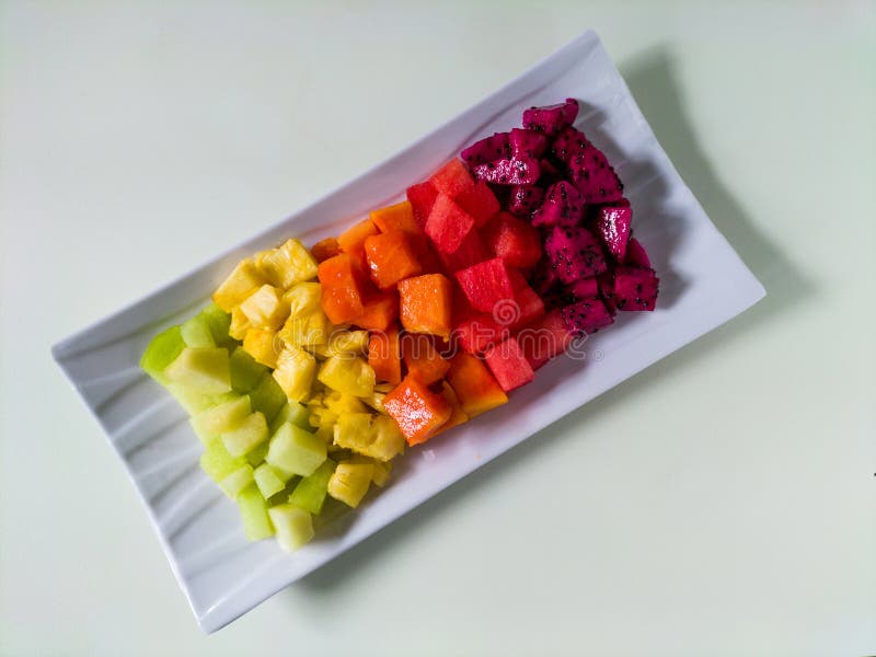 Fresh Fruit Salad on Rectangular White Plate Stock Image - Image of ...
