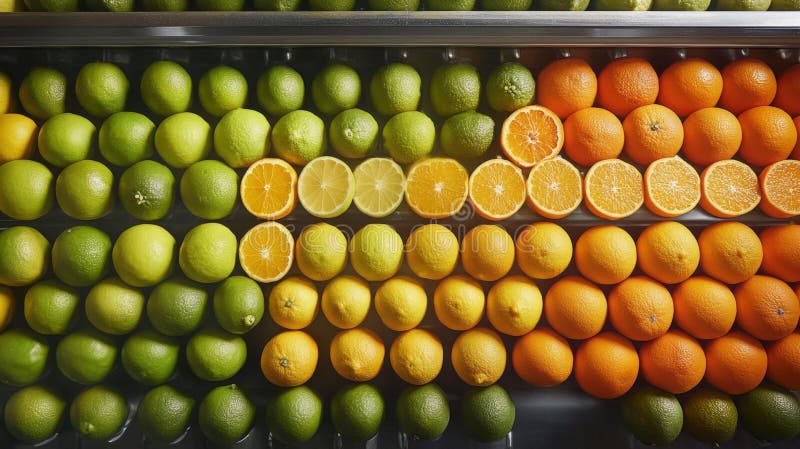 Fresh Fruit Selection on a Display Featuring Vibrant Oranges and Limes ...