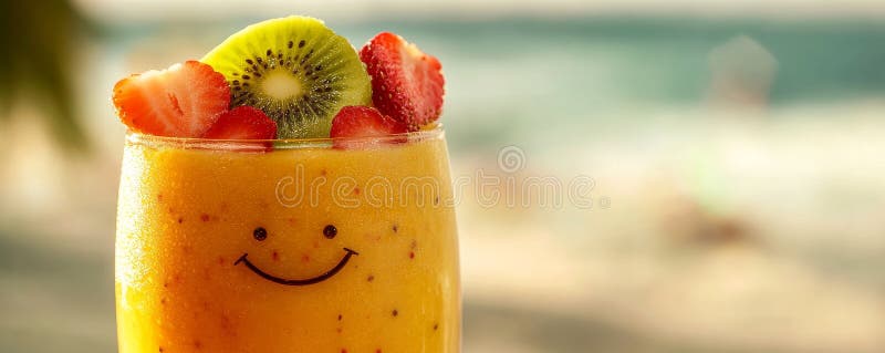 Fresh Fruit Smoothie with Smiling Face at the Beach. Refreshing Summer ...