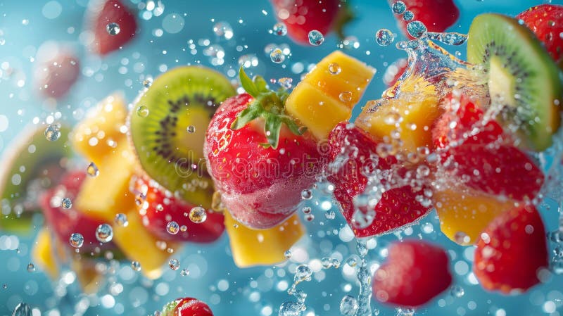 Fresh Fruit Splashing in Water Stock Photo - Image of mixed, kiwi ...