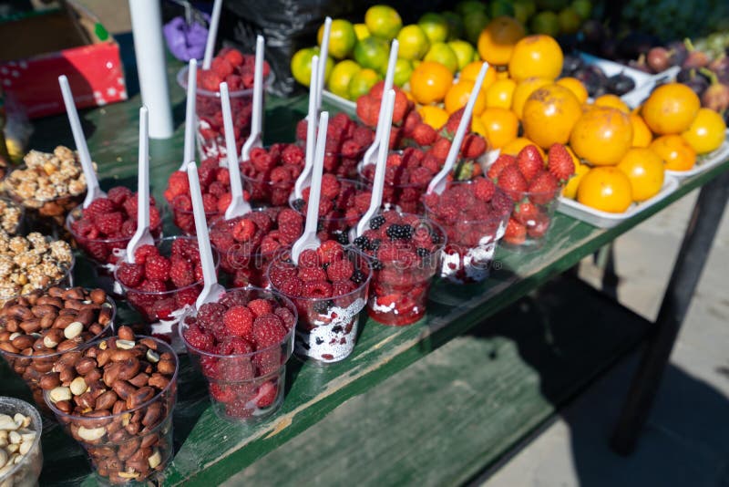 Fresh Fruit Stall, Strawberry, Raspberry, Orange Stock Photo - Image of ...