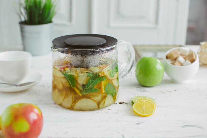 Fresh Fruit Tea Mint Apples Orange Stock Image - Image of glass ...
