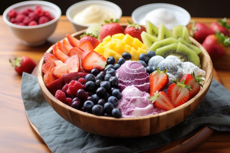 Fresh Fruit Toppings on a Bowl of Homemade Ice Cream Stock Image ...