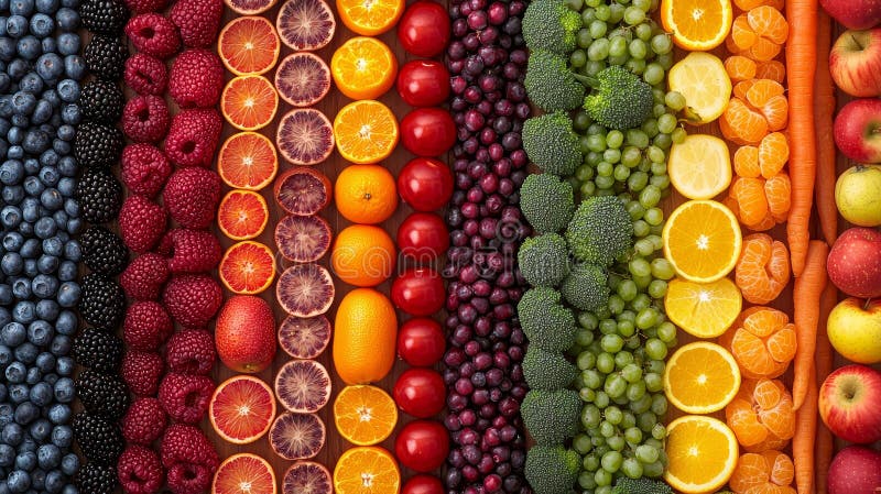 Fresh Fruit and Vegetable Collage in Red, Orange, Green, and Black ...