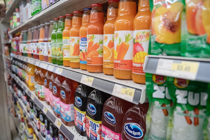 Fresh Fruit and Vegetable Juices on the Supermarket Counter. Assortment ...