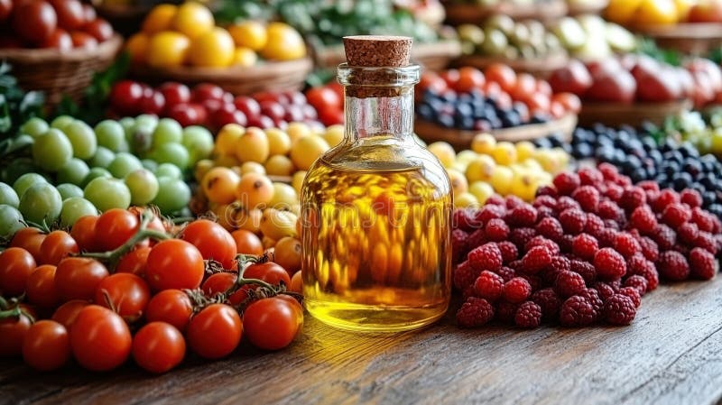 Fresh Fruit and Vegetable Produce with Oil Bottle Stock Photo - Image ...
