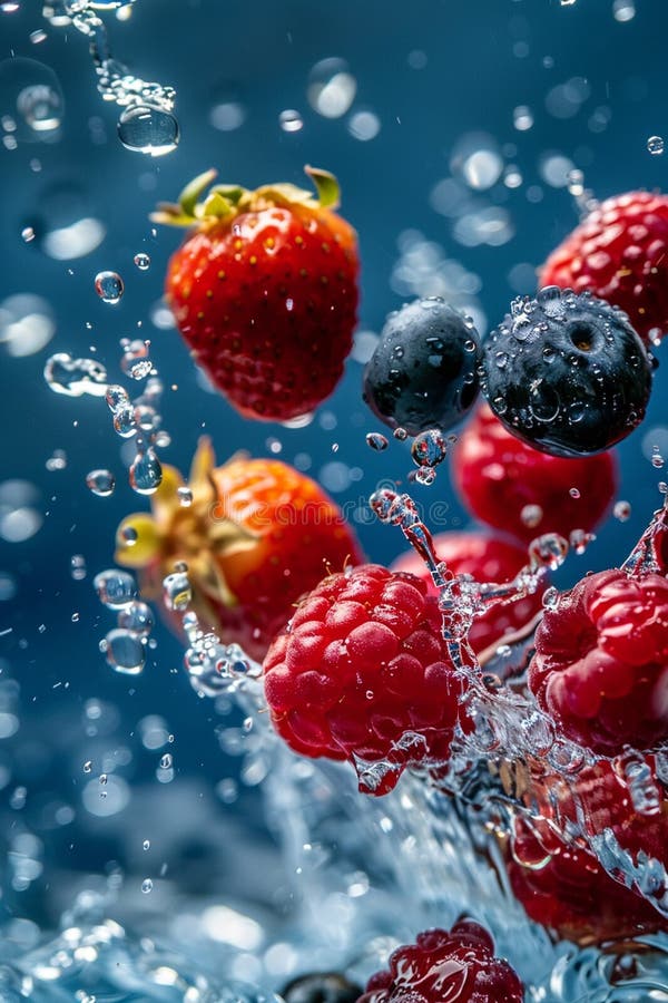 Fresh Fruit in Water Splash, Berry in Motion, Falling Fruit in Water ...