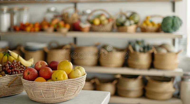 Fresh Fruit in Wicker Baskets on Kitchen Shelf Stock Photo - Image of ...