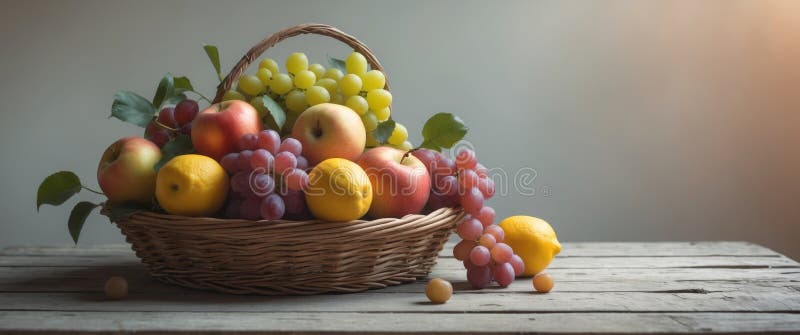 Fresh Fruits in Basket on Rustic Table with Soft Light Stock Photo ...