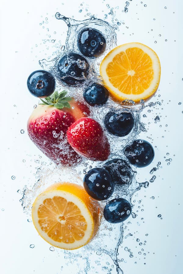 Fruits Splashing into the Clear Water. Fresh Fruits Concept Stock Illustration - Illustration of ...