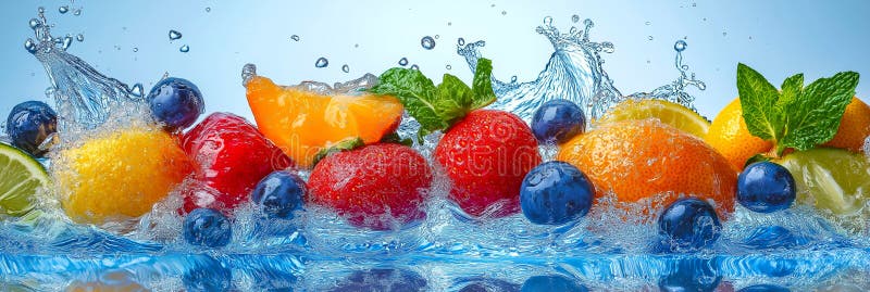 Fruits Splashing into the Clear Water. Fresh Fruits Concept Stock ...