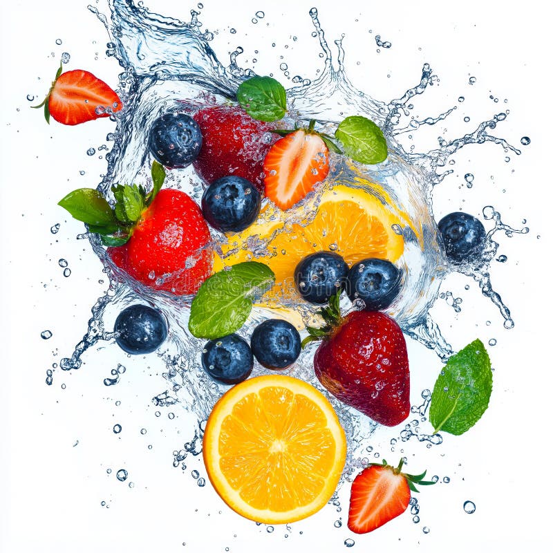 Fruits Splashing into the Clear Water. Fresh Fruits Concept Stock ...