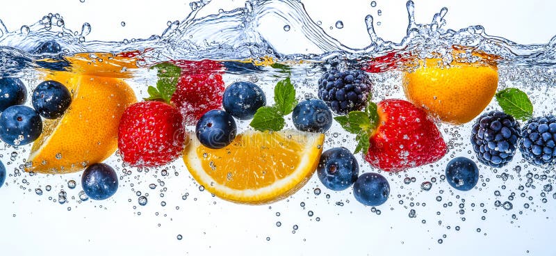 Fruits Splashing into the Clear Water. Fresh Fruits Concept Stock ...