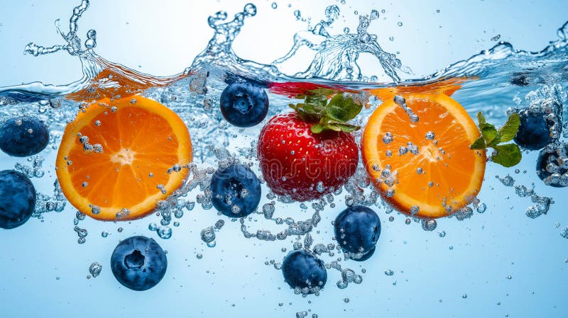 Fruits Splashing into the Clear Water. Fresh Fruits Concept Stock ...