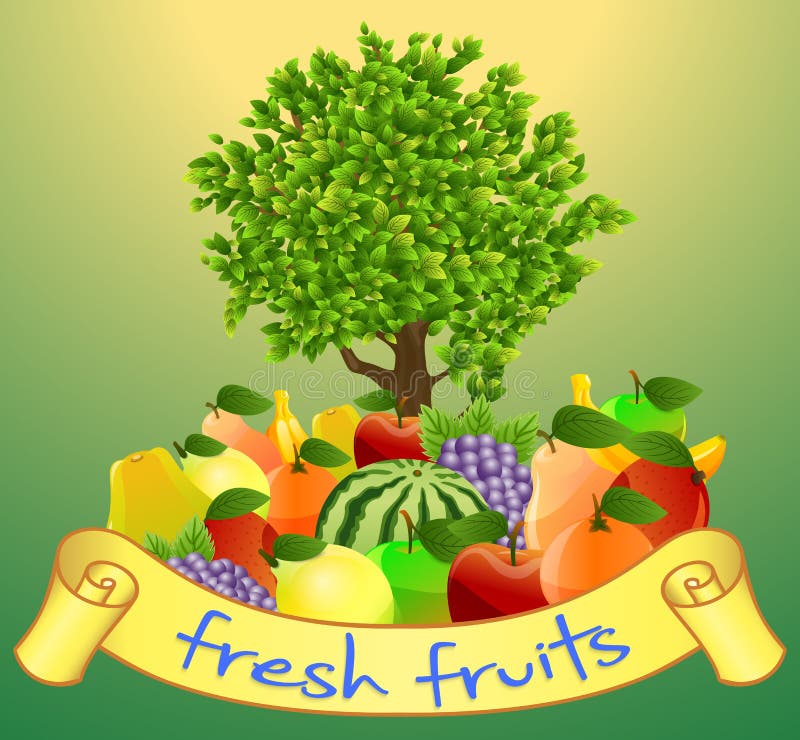 Fresh Fruits with Labels and Trees on Green Background Stock Vector ...
