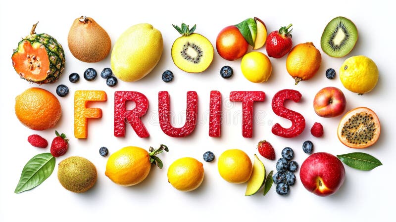Fresh Fruits, FRUITS Lettering Created by Various Tropical Summer ...