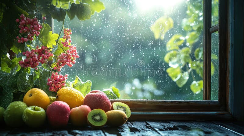 Fresh Fruits by a Rainy Window Stock Illustration - Illustration of ...