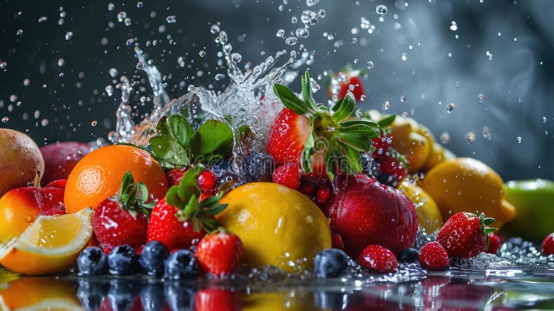 Fresh Fruits Splashed with Water Droplets Stock Image - Image of ...