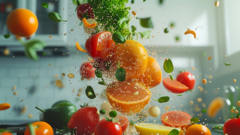 Fresh Fruits and Vegetables Exploding in Mid-Air Stock Image - Image of ...
