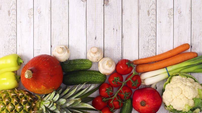 Fresh Fruits and Vegetables Move Left Right on Blue Theme. Stop Motion ...