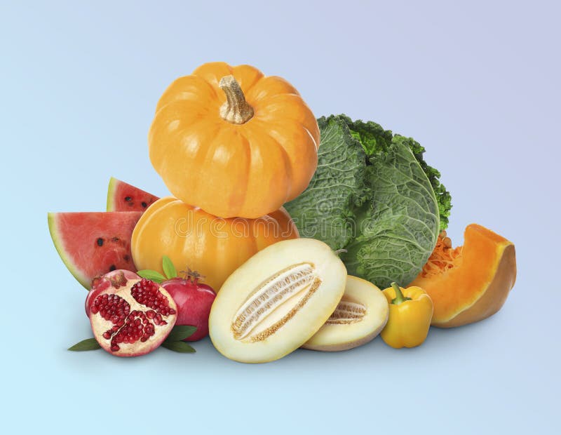 Fresh Fruits and Vegetables on Pale Light Blue Gradient Background ...