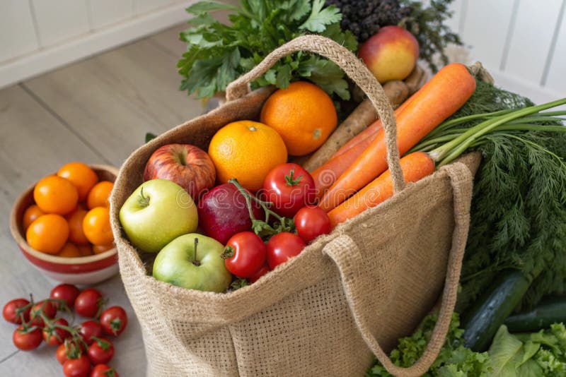 Fresh Fruits and Vegetables on Sack Stock Photo - Image of nutritious ...