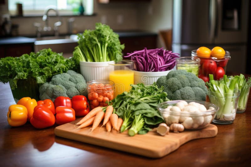 Fresh Fruits and Vegetables Spread Out on a Kitchen Countertop Stock ...