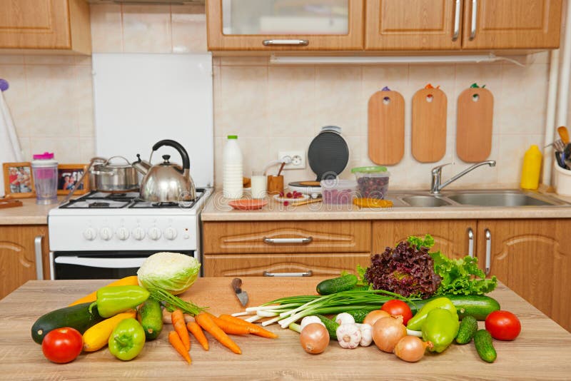 Fresh Fruits and Vegetables on the Table in Kitchen Interior, Healthy ...