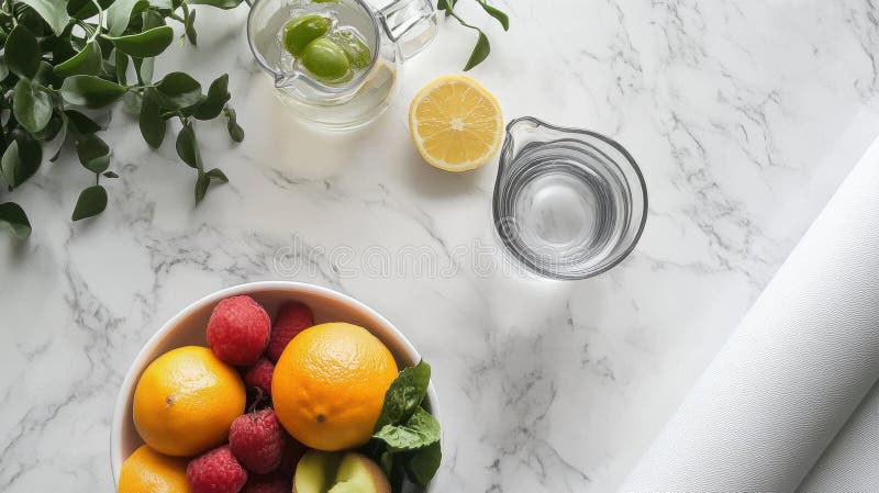 Fresh Fruits and Water on Marble Tabletop Stock Illustration ...
