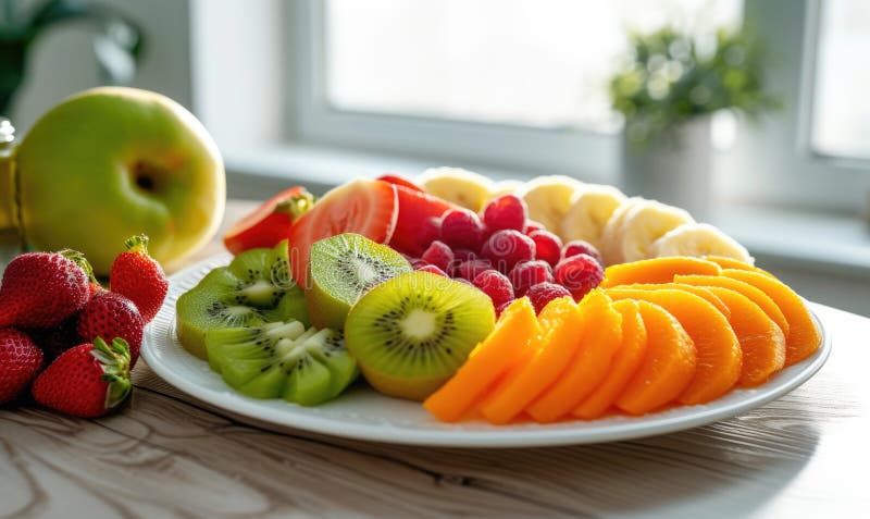 Fresh Fruits on a White Plate in the Kitchen. Healthy Eating Stock ...