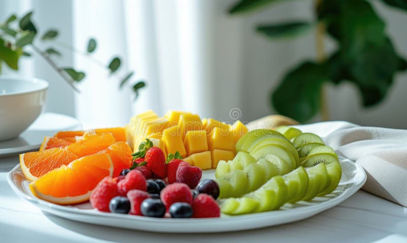Fresh Fruits on a White Plate in the Kitchen. Healthy Eating Stock ...