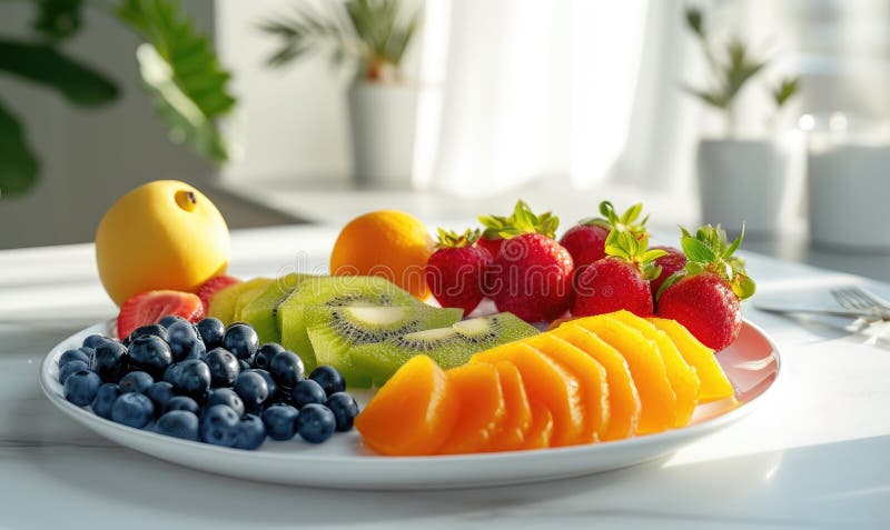 Fresh Fruits on a White Plate in the Kitchen. Healthy Eating Stock ...