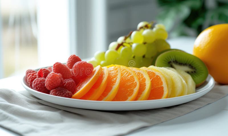 Fresh Fruits on a White Plate in the Kitchen. Healthy Eating Stock ...