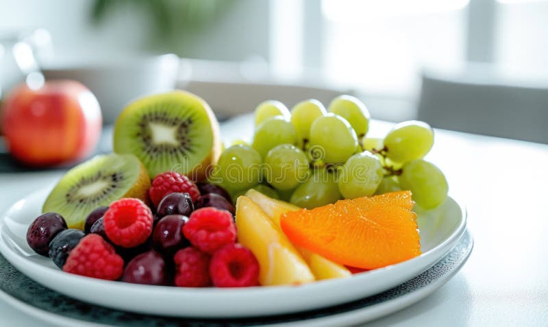 Fresh Fruits on a White Plate in the Kitchen. Healthy Eating Stock ...