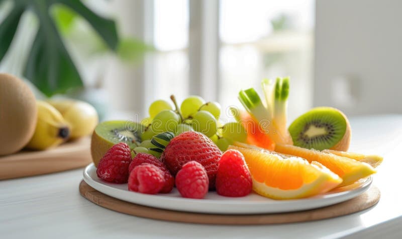 Fresh Fruits on a White Plate in the Kitchen. Healthy Eating Stock ...
