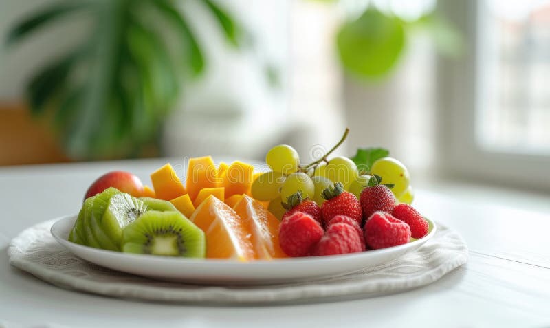 Fresh Fruits on a White Plate in the Kitchen. Healthy Eating Stock ...