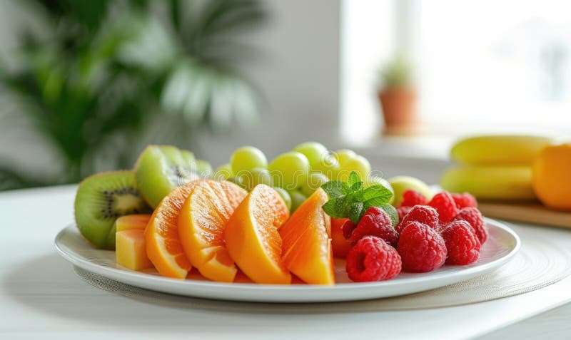 Fresh Fruits on a White Plate in the Kitchen. Healthy Eating Stock ...