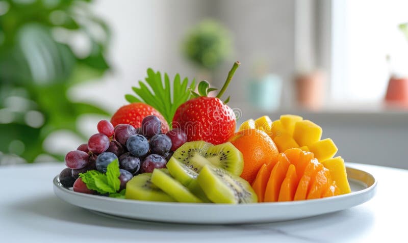 Fresh Fruits on a White Plate in the Kitchen. Healthy Eating Stock ...