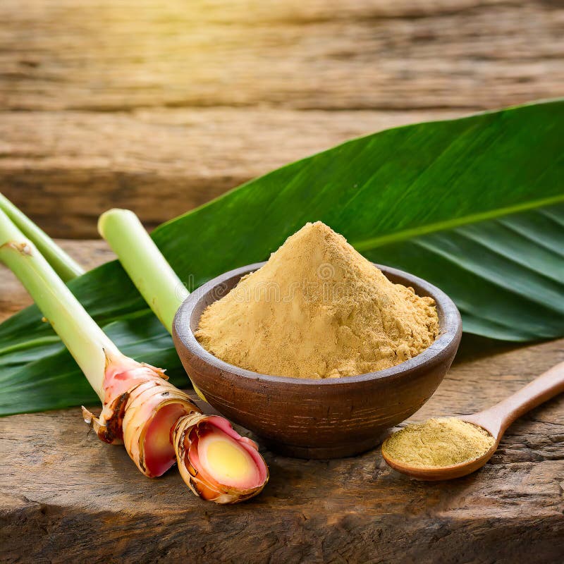 Fresh Galangal Root with Slices and Powdered Galangal in a Ceramic Bowl ...
