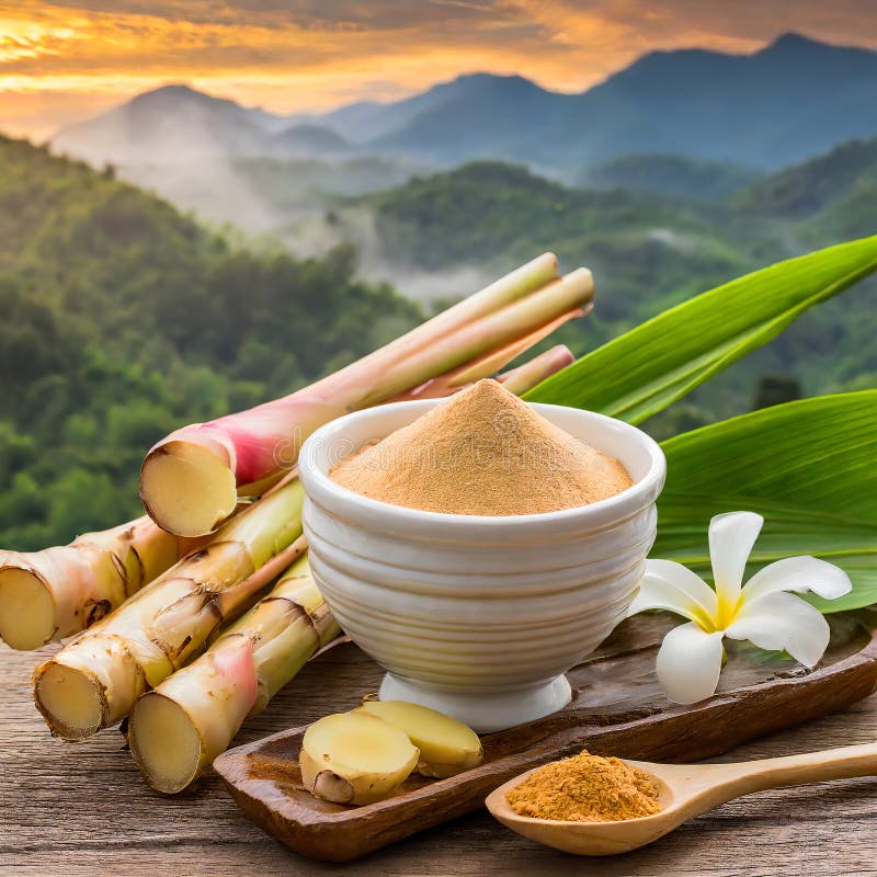 Fresh Galangal Root with Slices and Powdered Galangal in a Ceramic Bowl ...