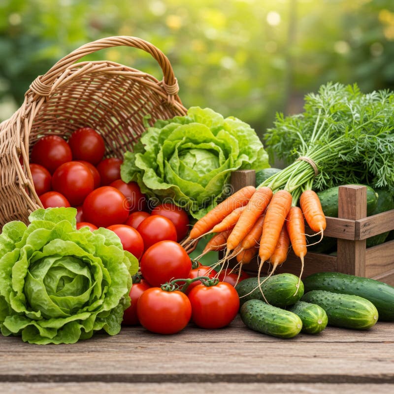 Fresh Garden Vegetables in Basket and Crate Stock Illustration ...
