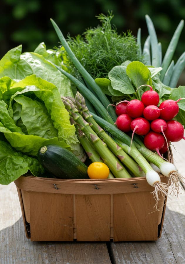 Fresh Garden Vegetables in Wooden Basket Stock Illustration ...