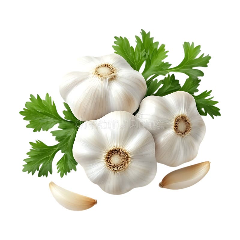 Fresh Garlic Bulbs Cloves with Parsley on Transparent Background Stock ...
