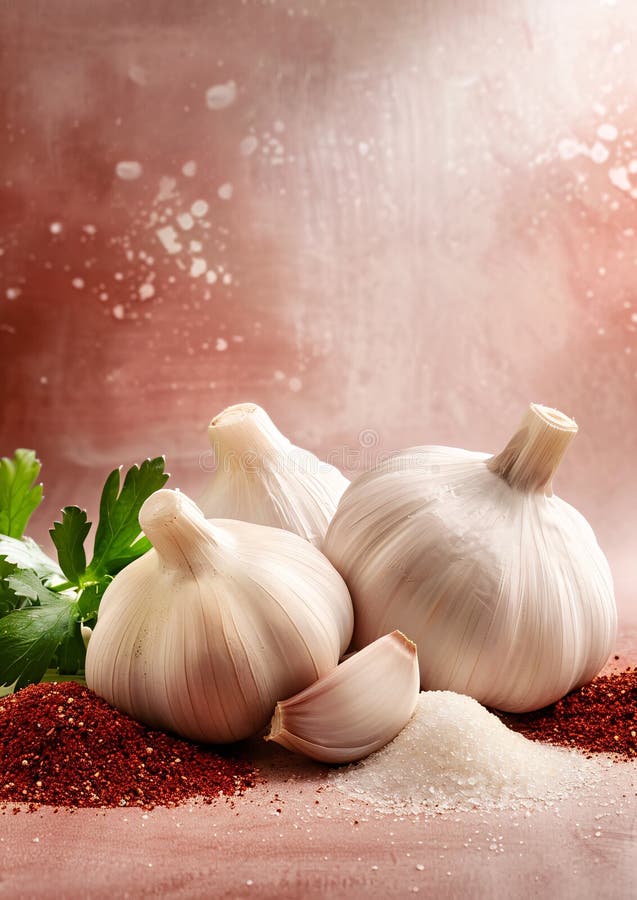 Fresh Garlic Bulbs with Spices and Herbs on Rustic Kitchen Countertop ...