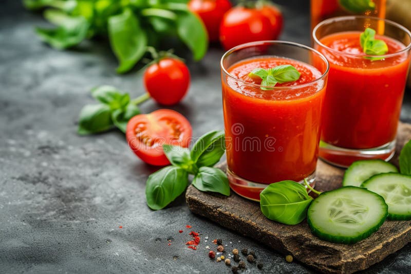 Fresh Gazpacho in Glass with Basil and Tomatoes on Rustic Blue Table ...