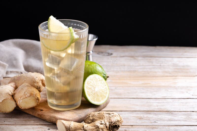 Fresh Ginger Ale Drink in Tall Glass on Wooden Table Stock Image ...