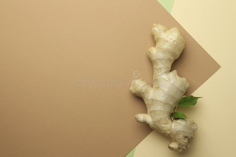 Fresh Ginger with Green Leaves on Color Background, Top View. Space for ...
