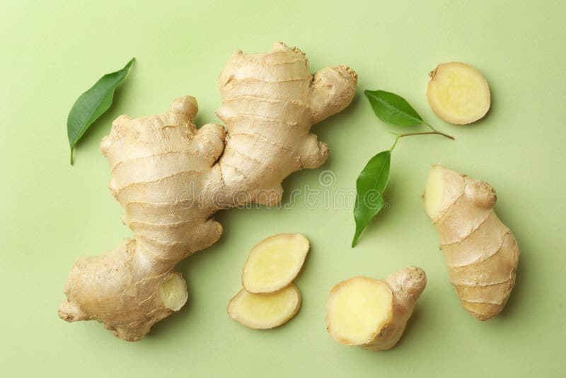 Fresh Ginger with Leaves on Light Pale Green Background, Flat Lay Stock ...
