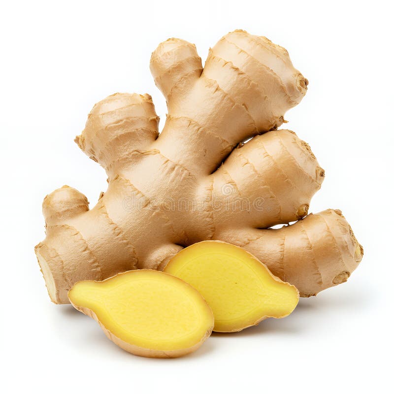 Fresh Ginger Root with Cross-Section Slices on White Background Stock ...